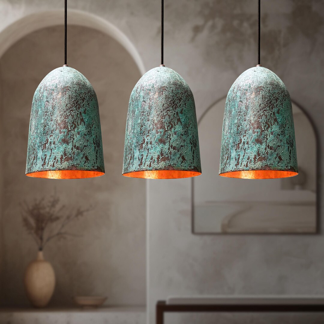 Set of 3 Oxidized Copper Pendant Light, Three Green Patina Farmhouse ...