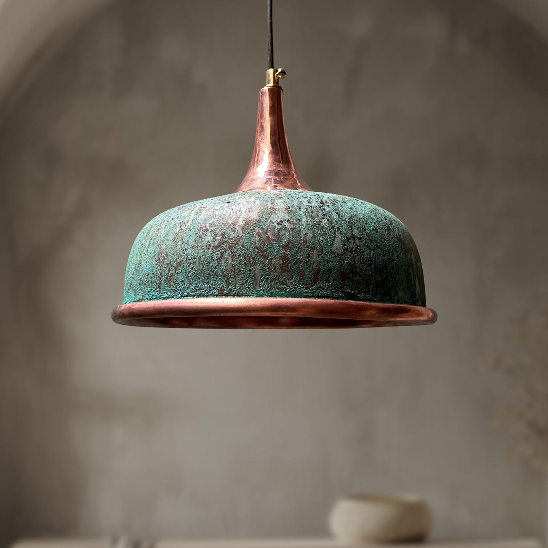 Oxidized Copper Pendant Light, Handmade Green Patina Copper Dome ...