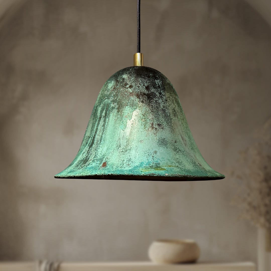 Handmade Oxidized Bell Shaped Copper Pendant Light, Green Patina Copper ...