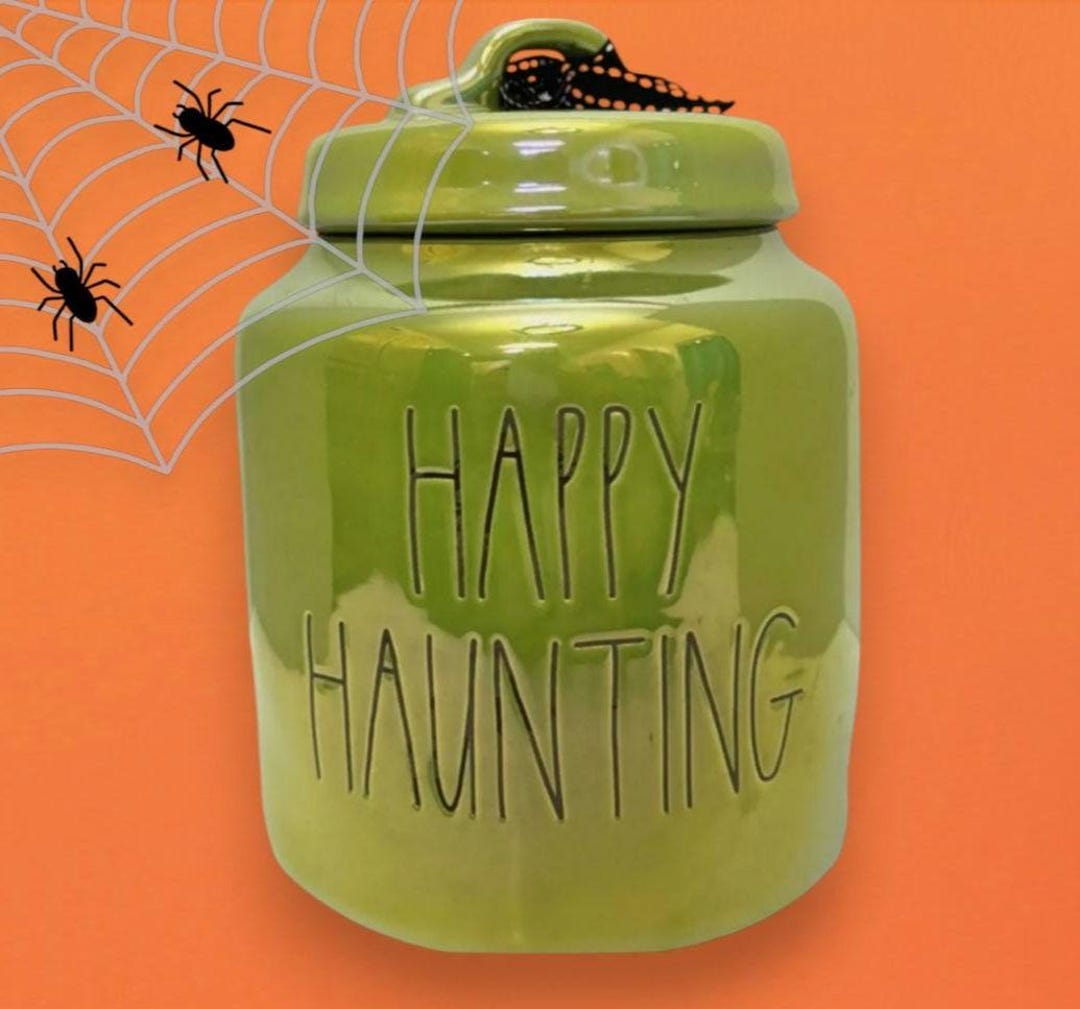 Rae Dunn HAPPY HAUNTING Halloween Large Chubby Iridescent Luster Green ...