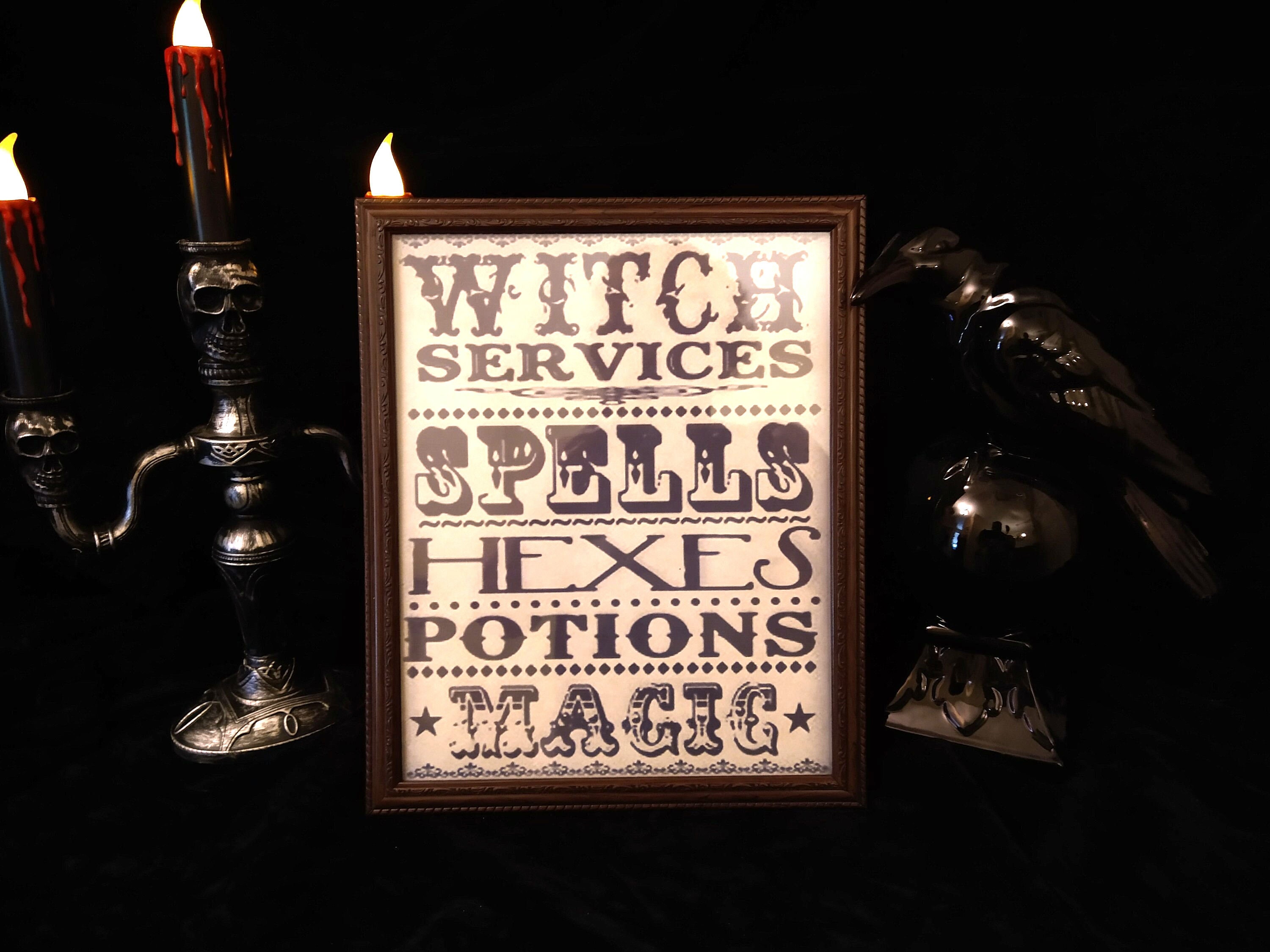 WITCH SERVICES SIGN Spells Hexes Potions Magic Framed Halloween Decor ...
