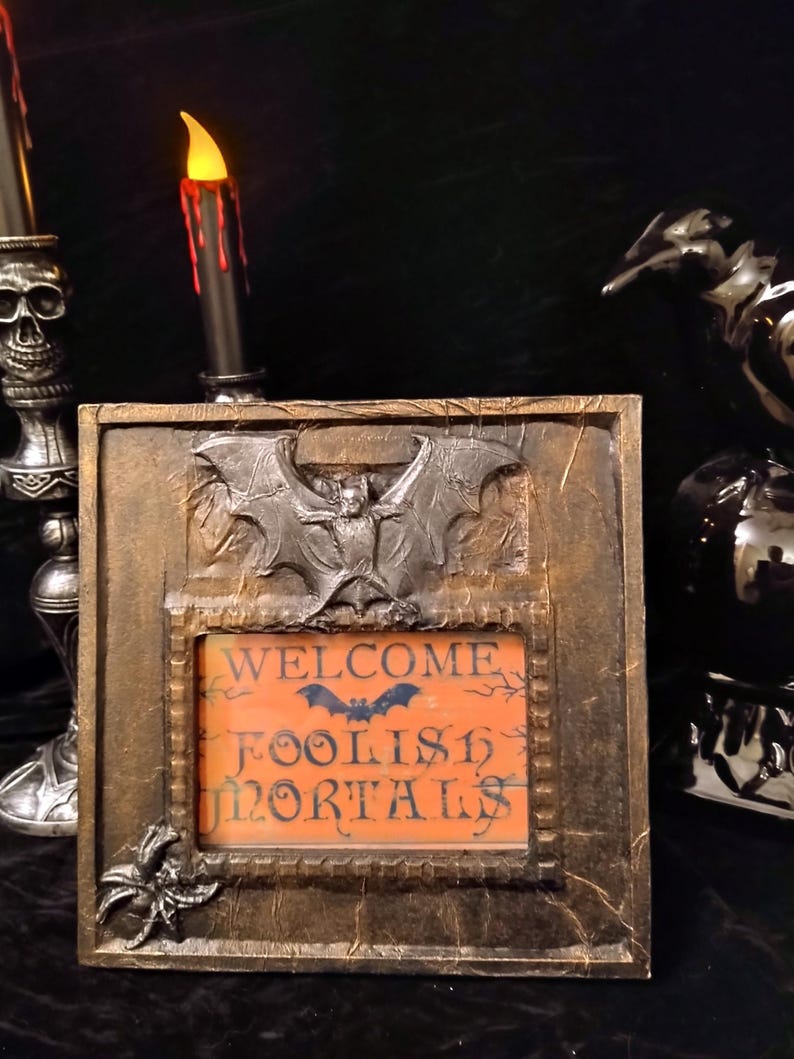 WELCOME FOOLISH MORTALS One of a Kind Wooden Decorated Bat and Spider ...
