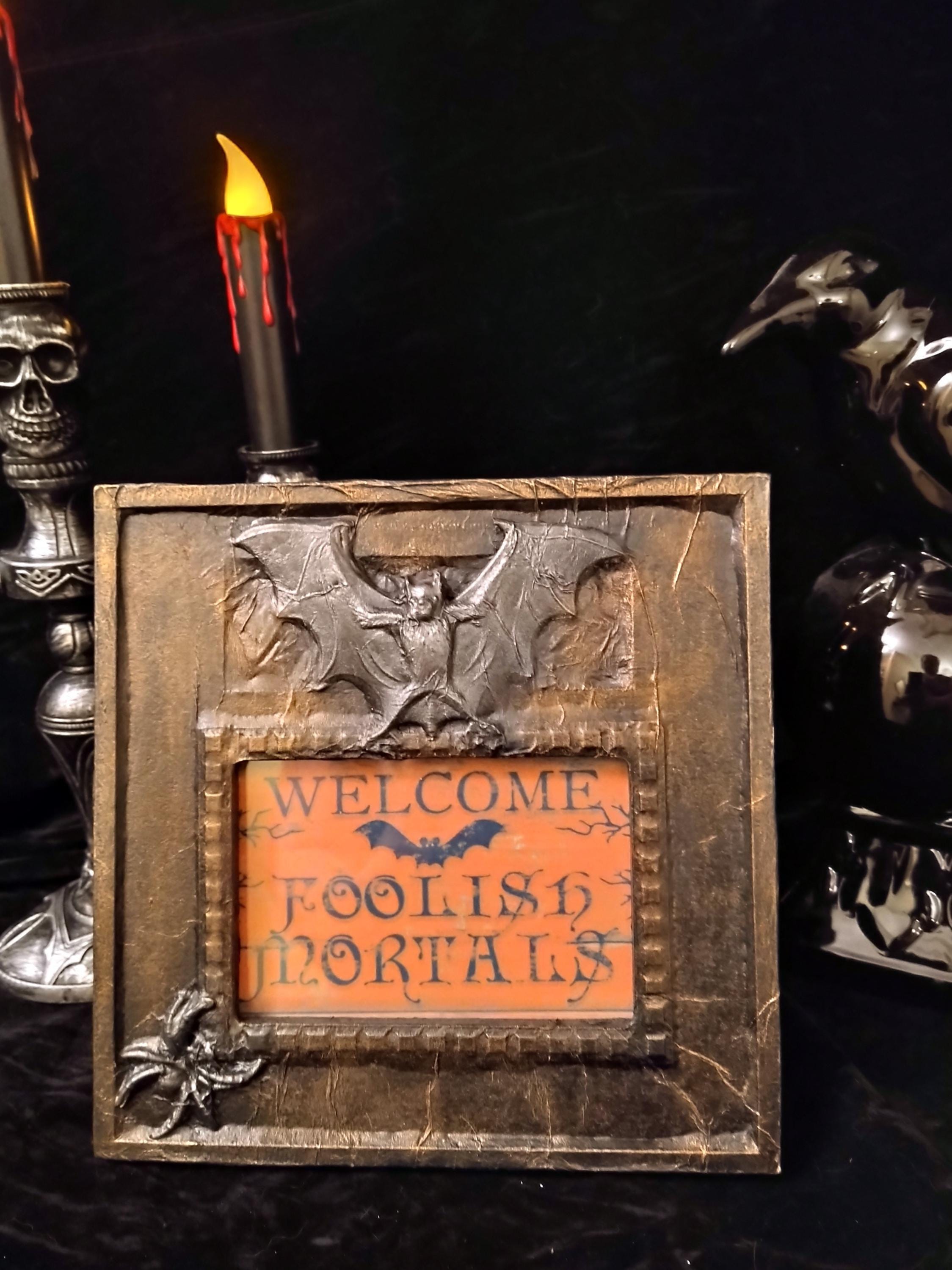 WELCOME FOOLISH MORTALS One of a Kind Wooden Decorated Bat and Spider ...
