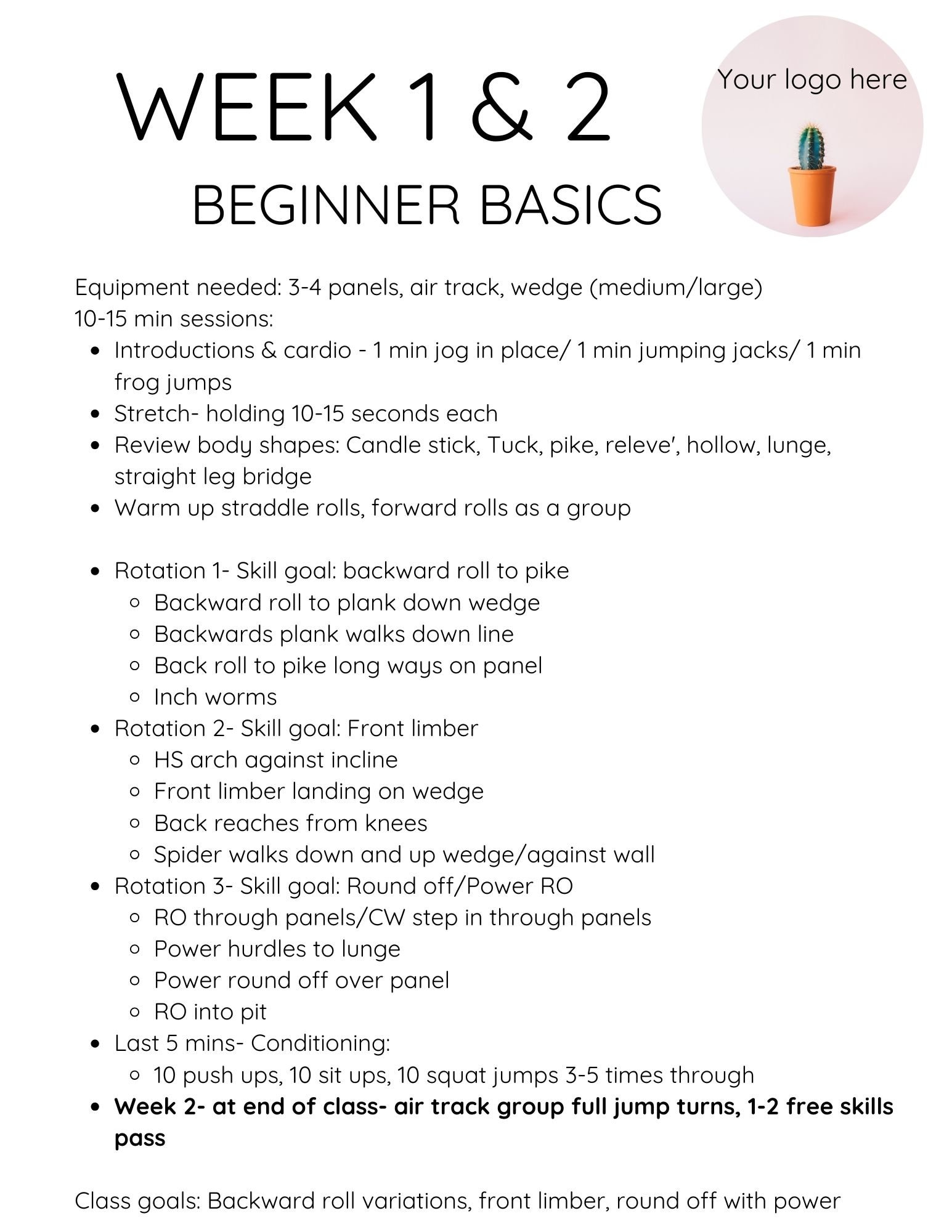 Beginner Tumbling Lesson Plan - 8 Weeks of Content & Editable Template ...