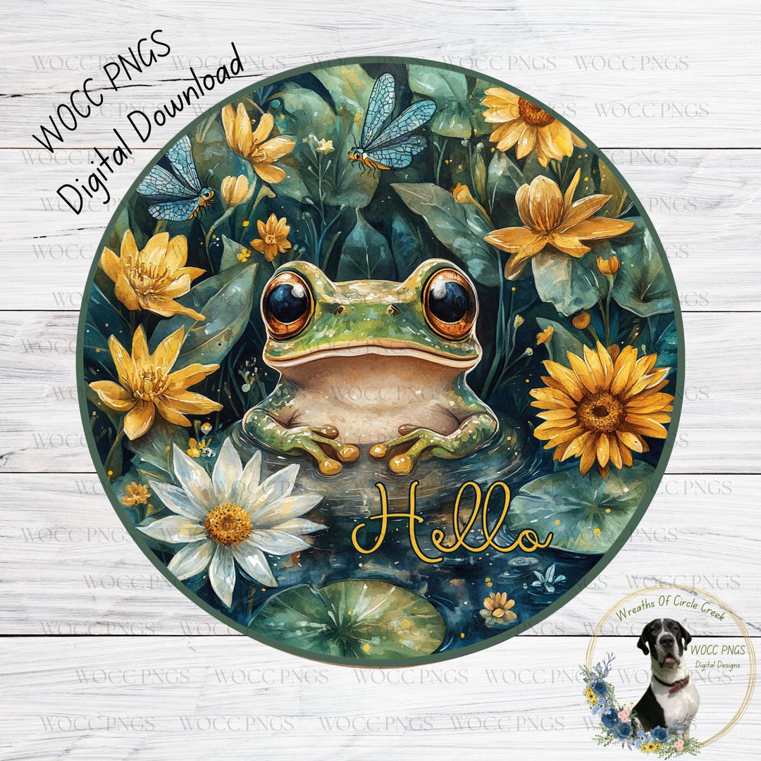 Cute Frog in Lily Pond PNG | Hello Summer Frog Wreath Sign | Yellow ...