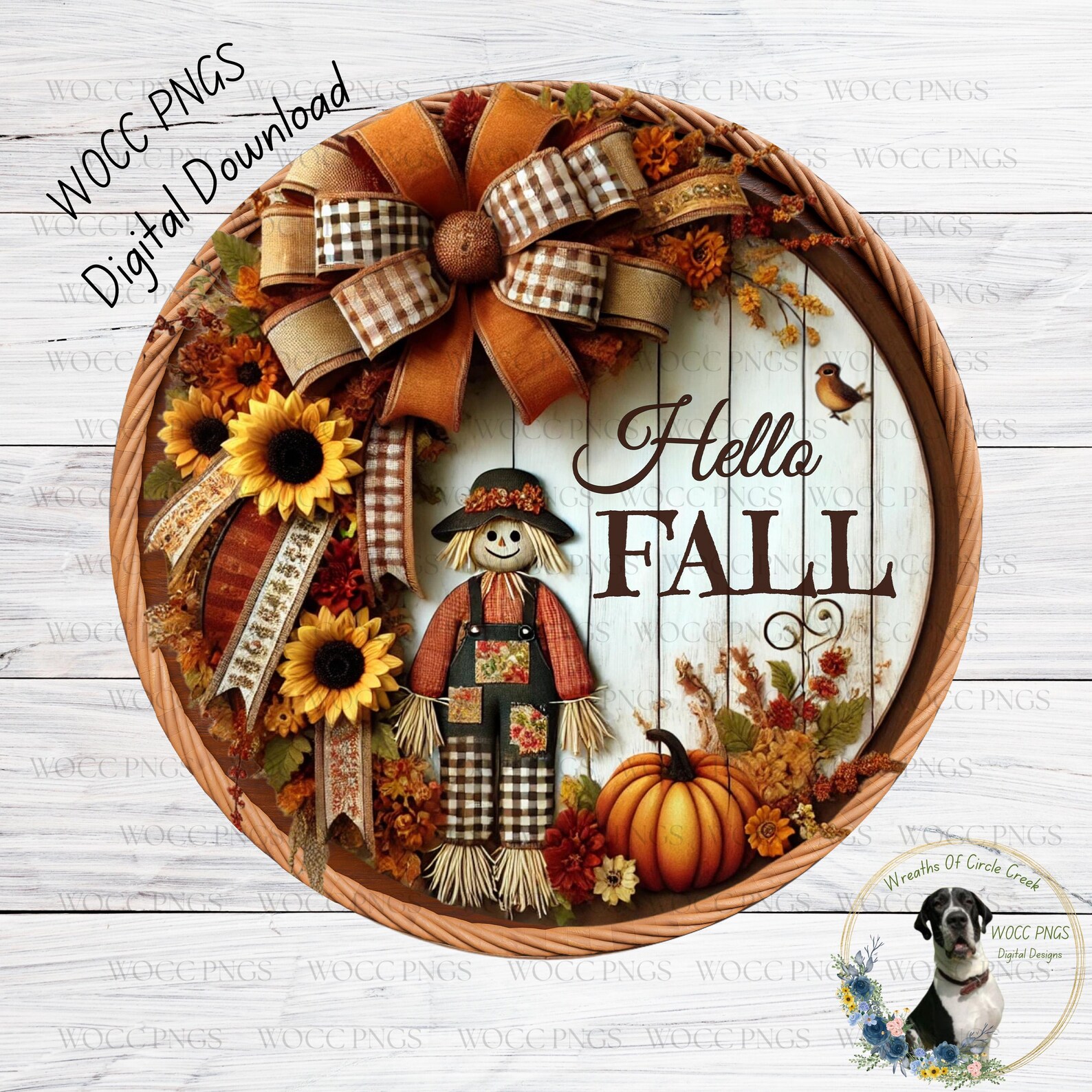 Hello Fall PNG | Scarecrow Pumpkin Wreath Sign With Bow | Rustic ...