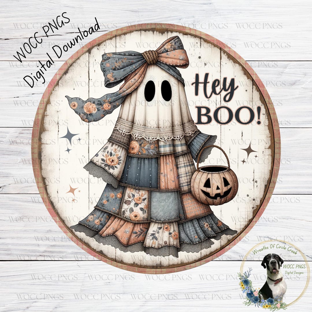 Hey Boo Ghost PNG | Vintage Patchwork Halloween Wreath Sign | Rustic ...