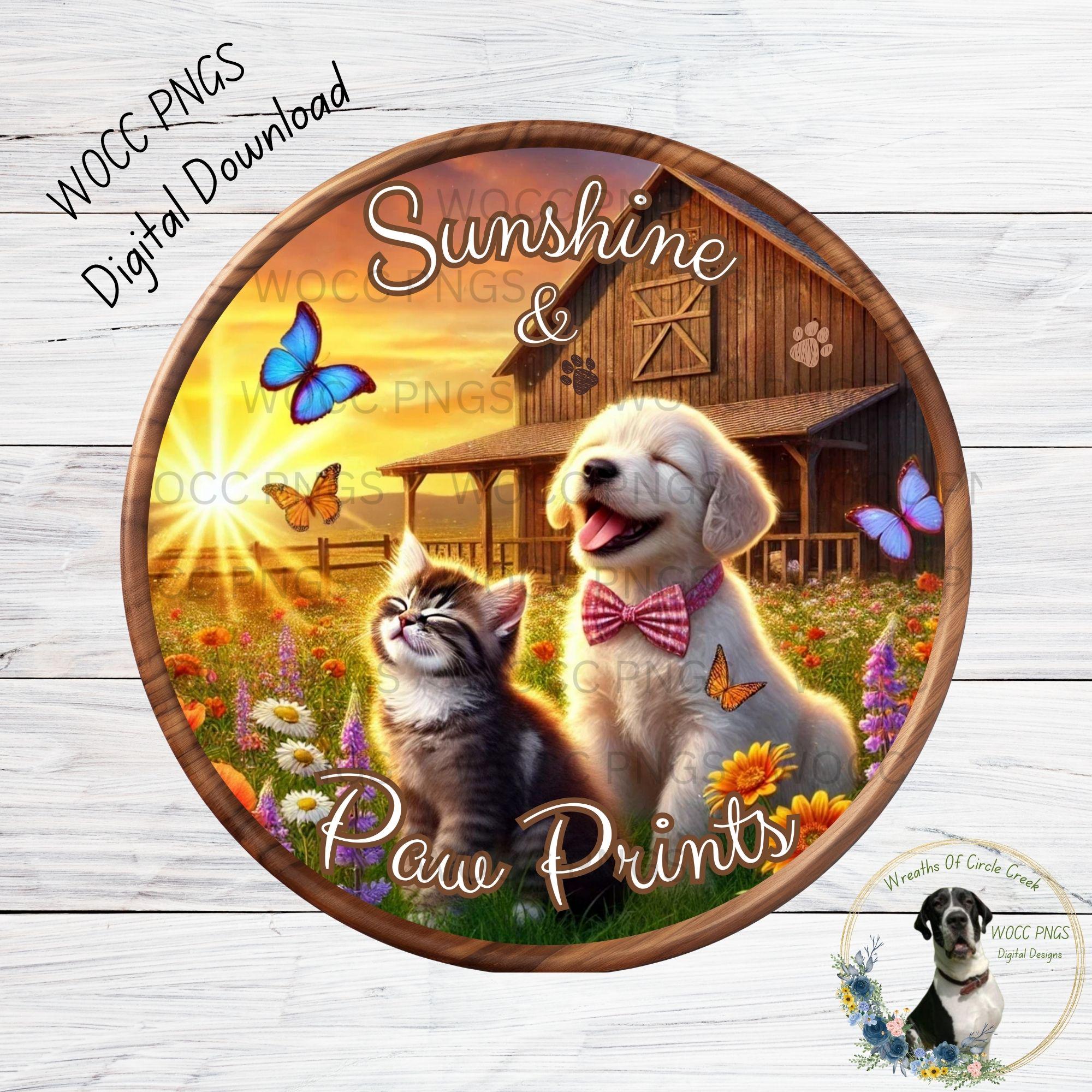 Sunshine & Paw Prints Sublimation Design - Farmhouse Dog and Cat Round ...