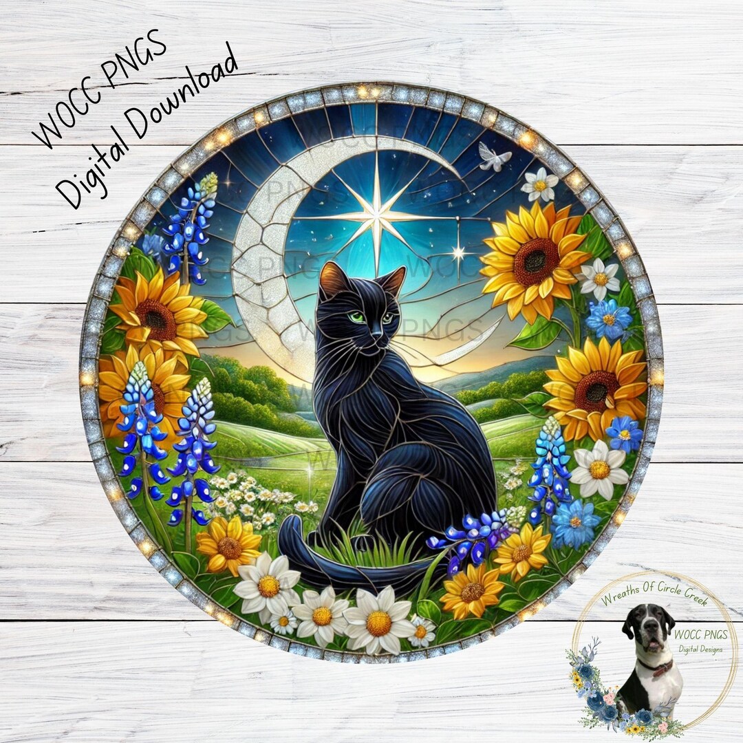Black Cat Under Moon & Star PNG – Celestial Floral Cat Art - Stained ...