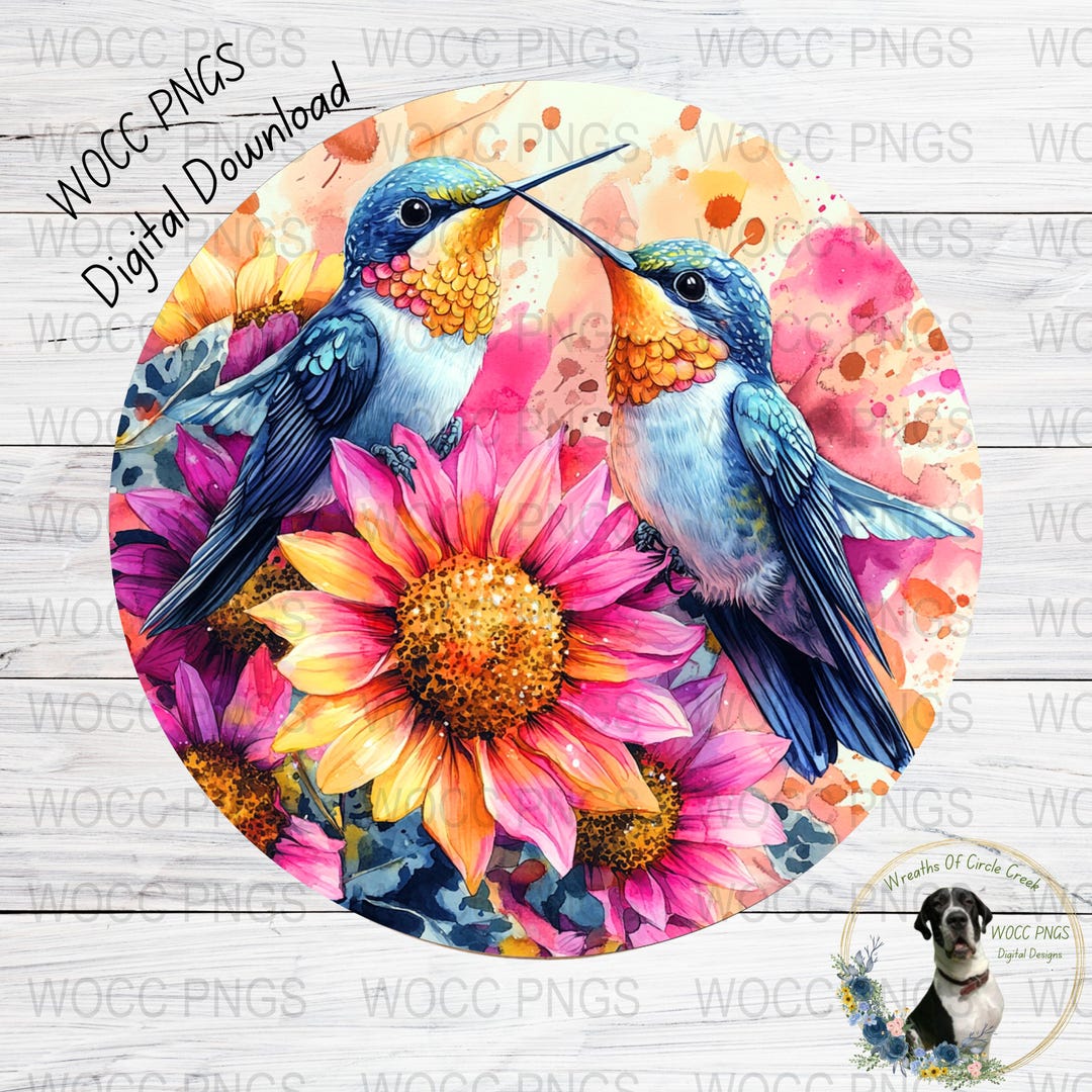 Hummingbirds Sunflower Round PNG Sublimation Design Watercolor Birds ...