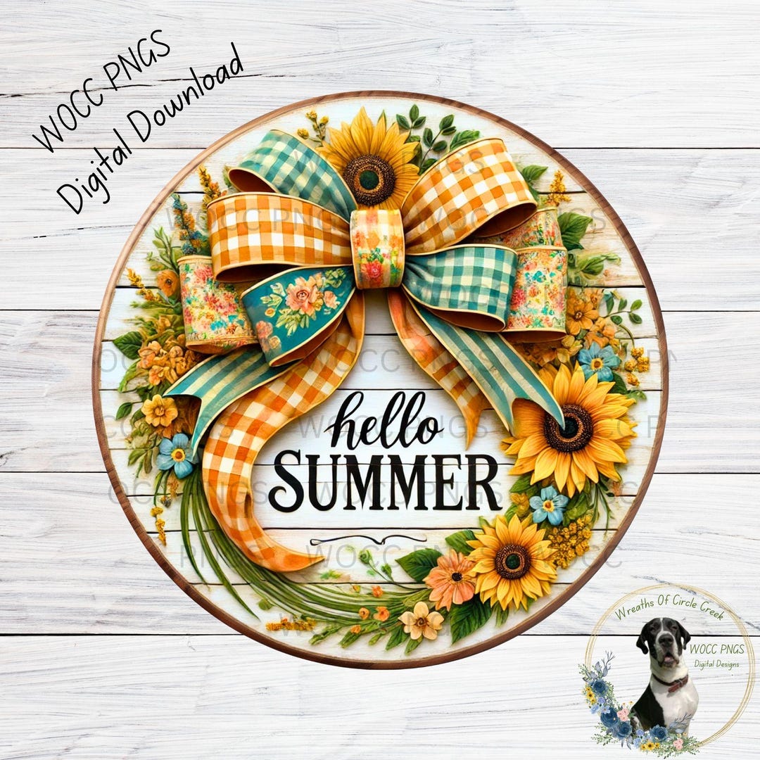 Hello Summer, Wreath Sign Sublimation - Vintage Sunflower Bow Round PNG ...
