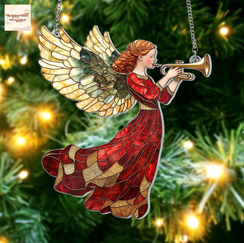 Christmas Angel Suncatcher Ornament, Whimsical Angel With Trumpet ...