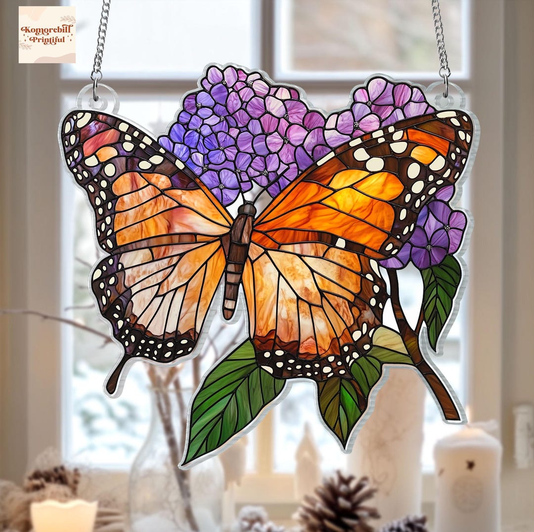 Monarch Butterfly Hydrangeas Acrylic Suncatcher, Flowers Window Hanging ...