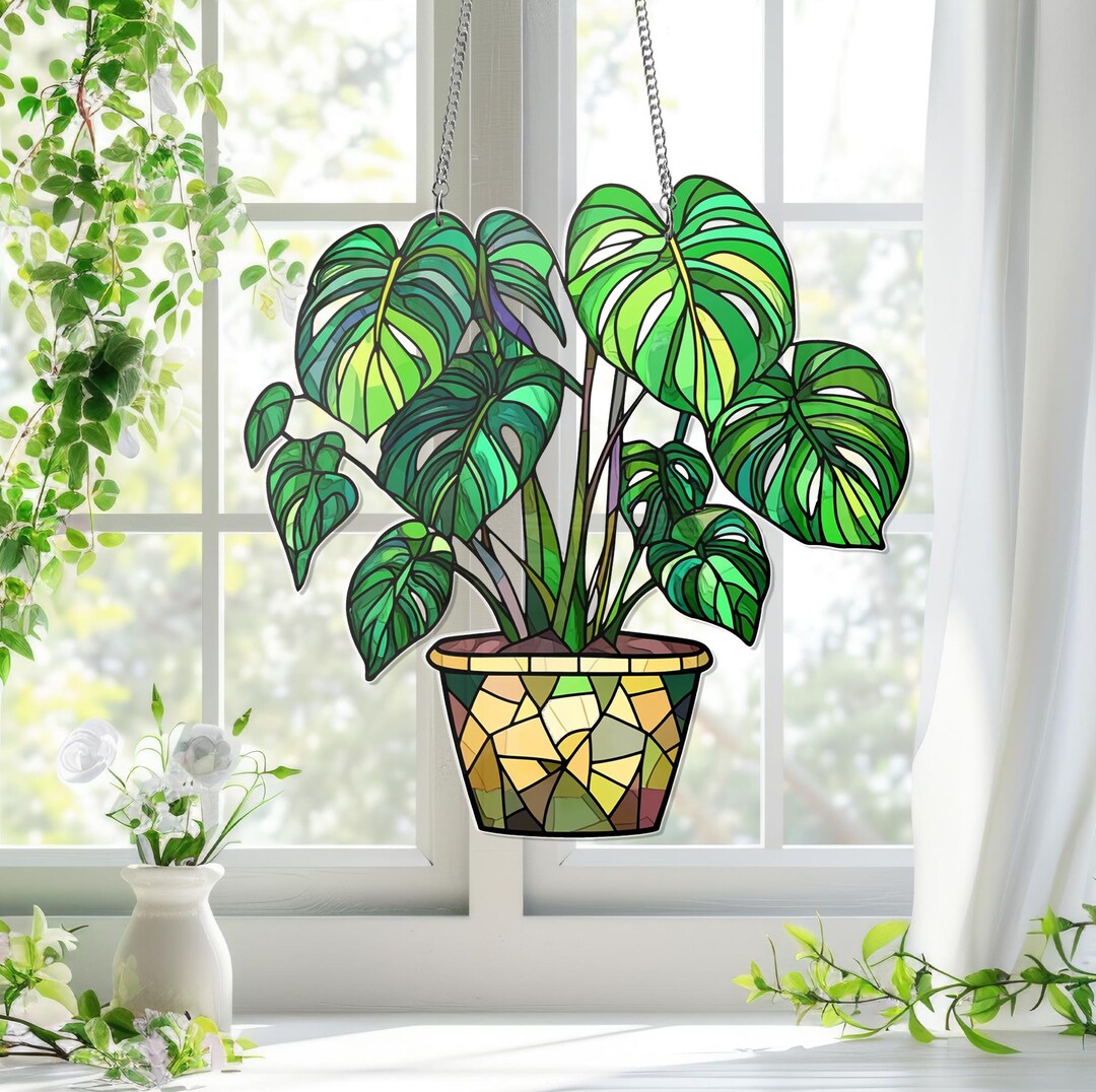 Monstera Leaves Window Decor, Flowers Acrylic Window Hanging Art ...