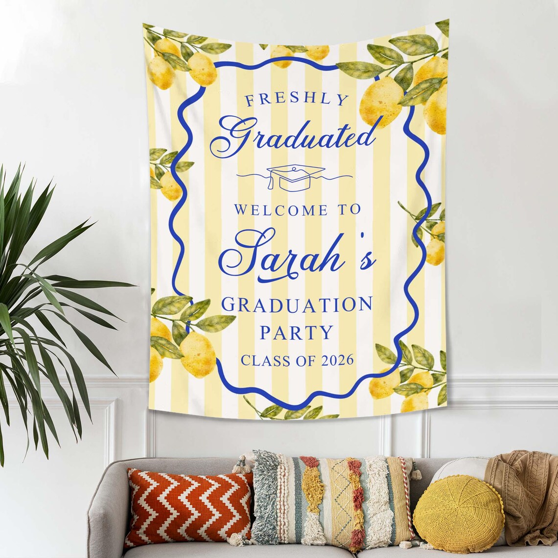 Custom Graduation Party Decor 2026, Lemon Themed Graduation Tapestry ...