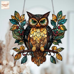 Colorful Owl Stained Acrylic Window Hanging, Floral Owl Sign, Flower ...
