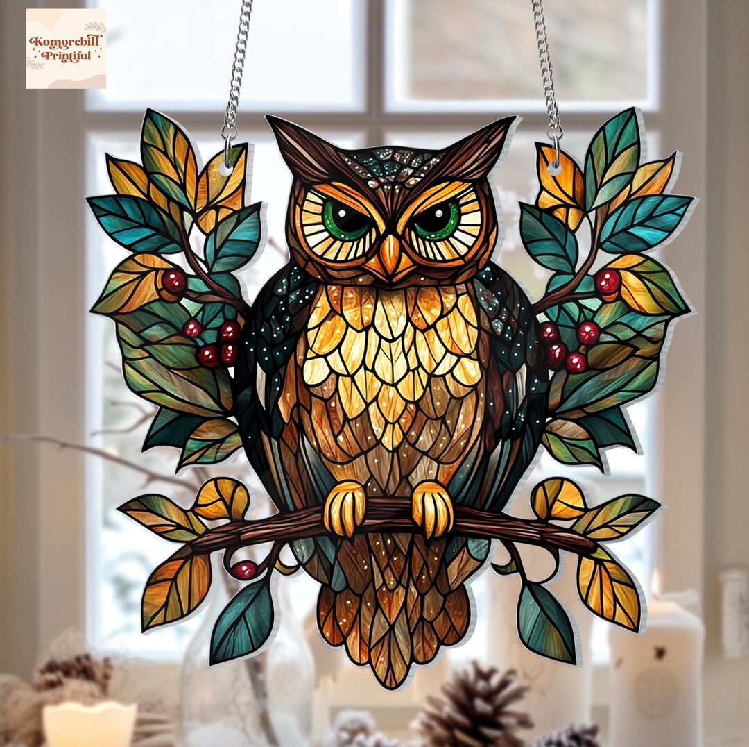 Colorful Owl Stained Acrylic Window Hanging, Floral Owl Sign, Flower ...