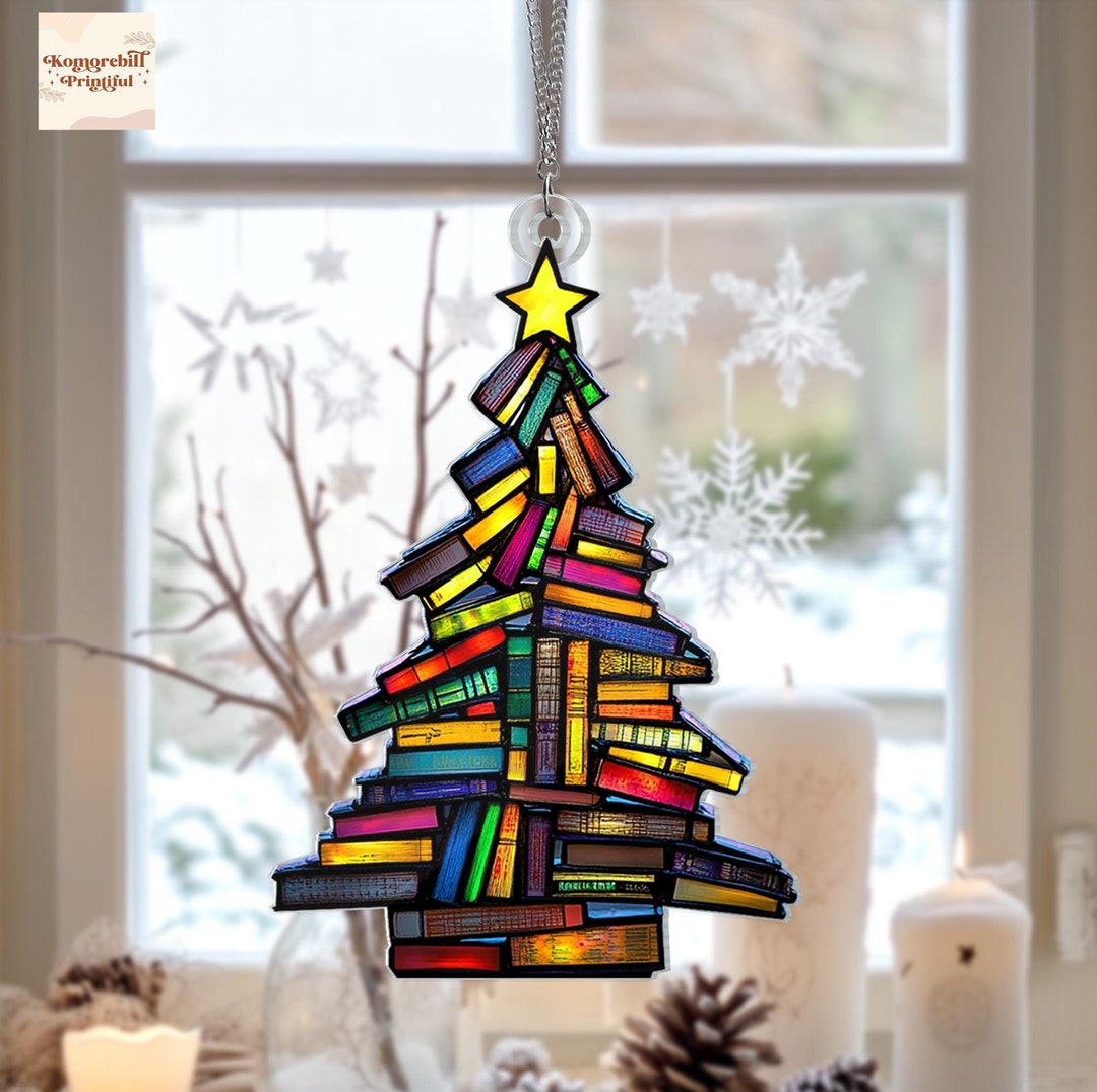 Christmas Book Tree Suncatcher Ornament, Christmas Tree Bookish Gift ...