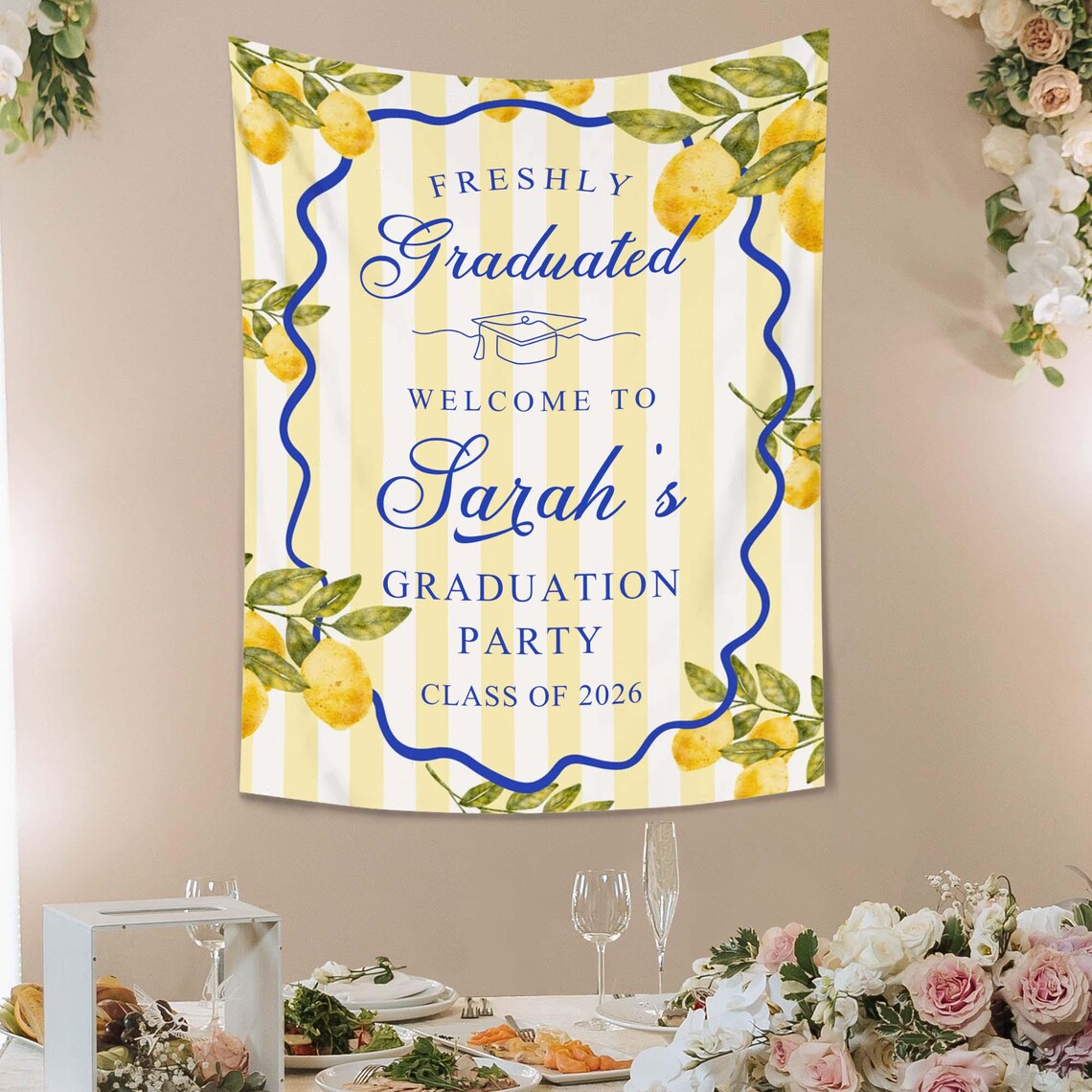 Custom Graduation Party Decor 2026, Lemon Themed Graduation Tapestry ...