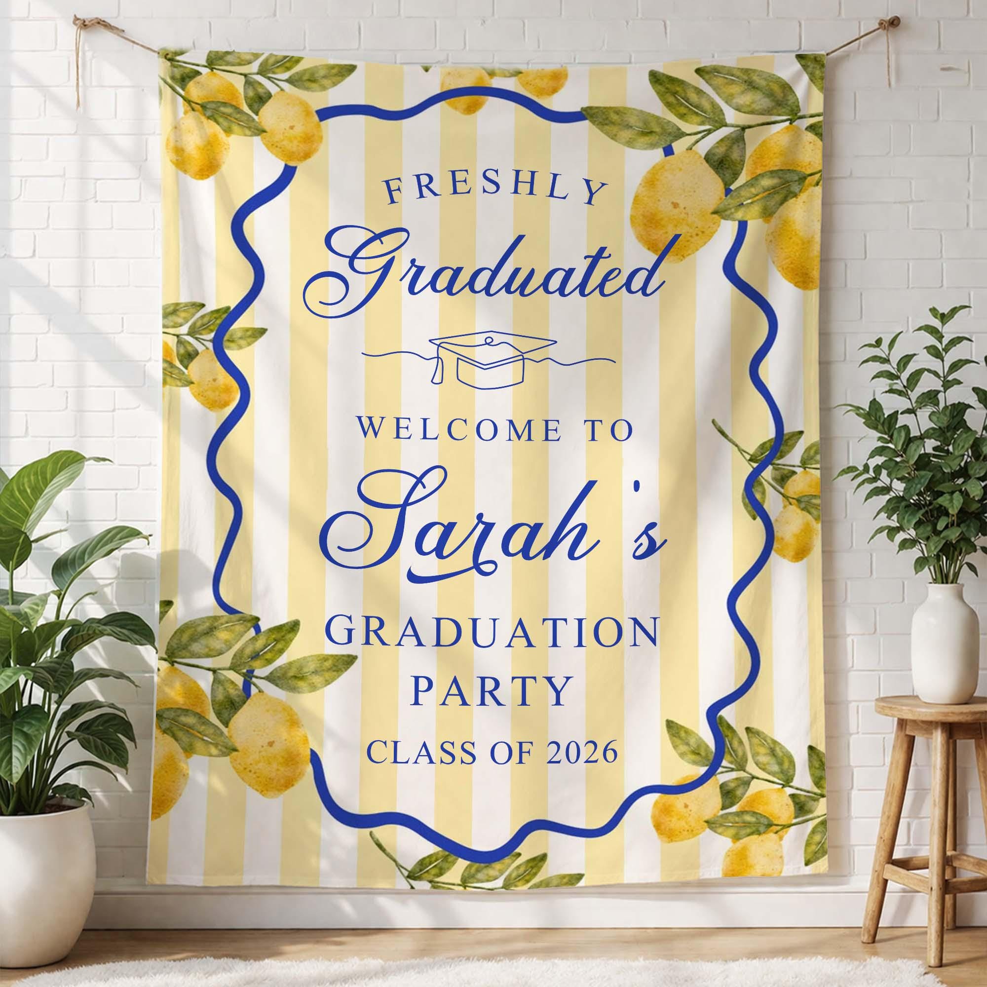Custom Graduation Party Decor 2026, Lemon Themed Graduation Tapestry ...