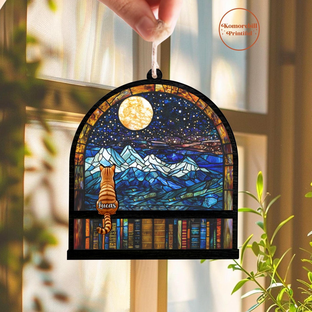 Personalized Cat Book Suncatcher Ornament, Custom Reading Cat Window ...