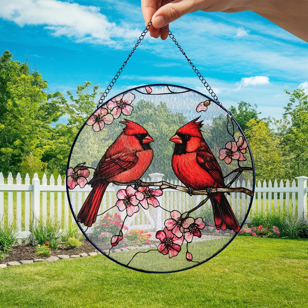 Stained Glass Red Cardinals Flowers Suncatcher Gifts Wall Art Window ...