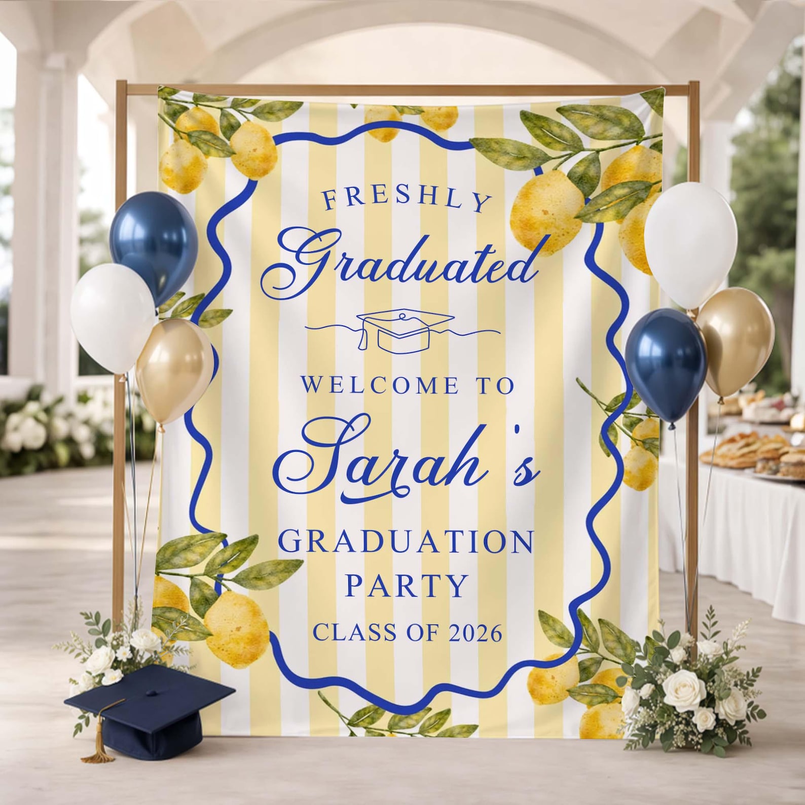 Custom Graduation Party Decor 2026, Lemon Themed Graduation Tapestry ...