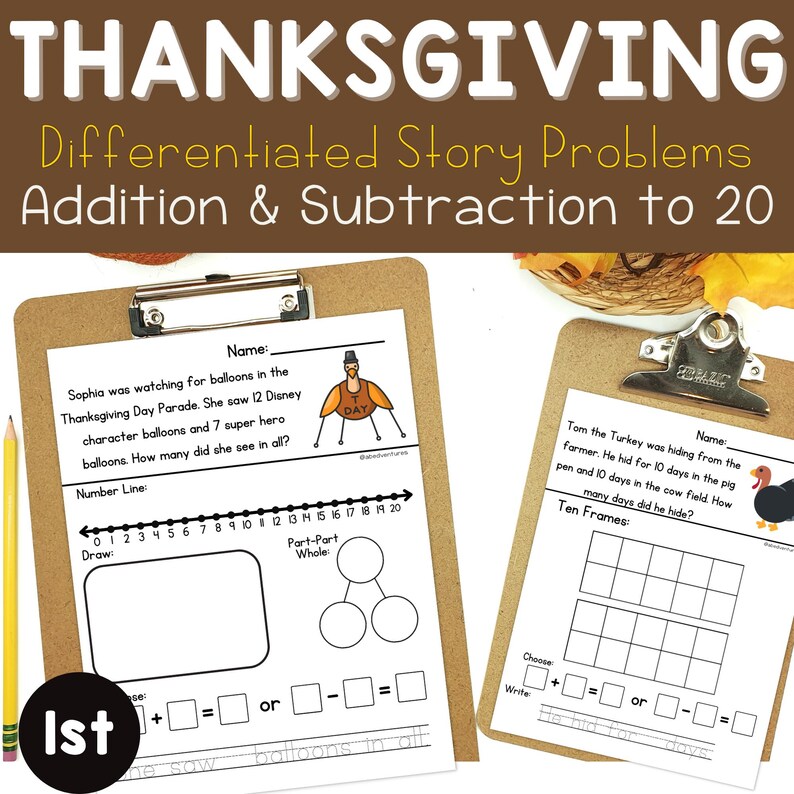 1st Grade Math Worksheets Thanksgiving Word Problems: Addition ...