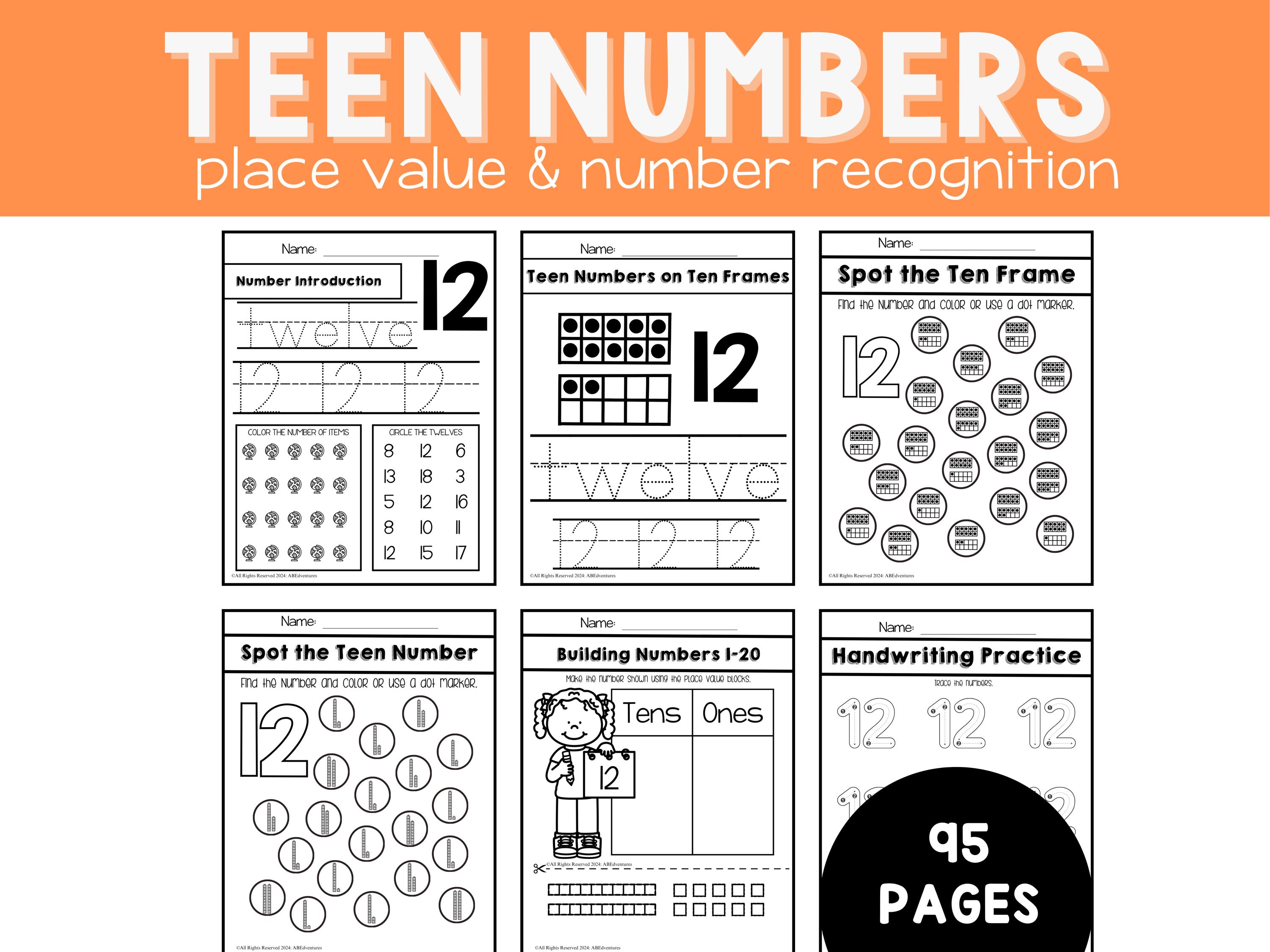 Teen Numbers Math Worksheets: Place Value, Number Recognition (PDF) - Etsy