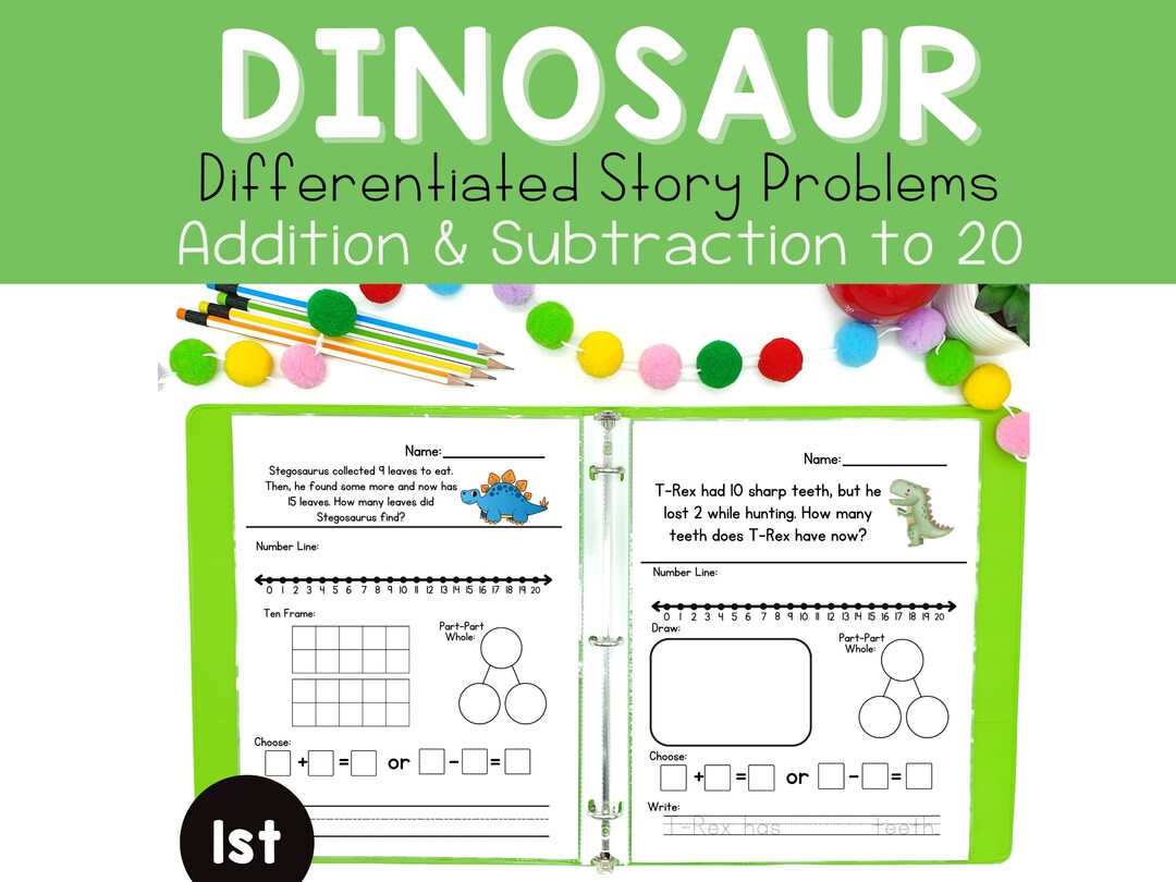1st Grade Math Worksheets Dinosaur Word Problems: Addition ...