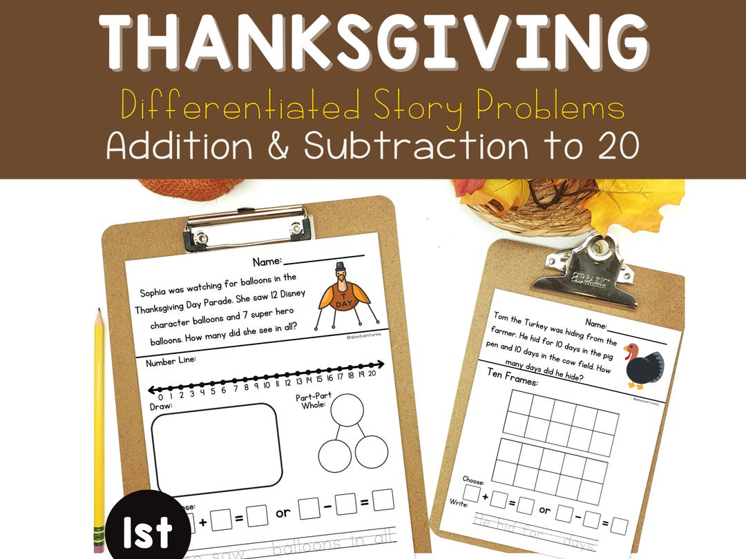 1st Grade Math Worksheets Thanksgiving Word Problems: Addition ...