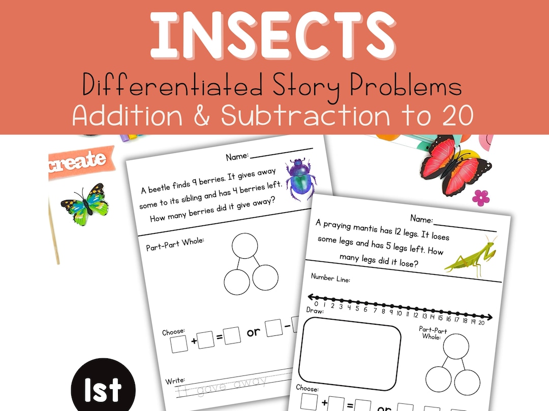 1st Grade Math Worksheets Insect Word Problems: Addition & Subtraction ...
