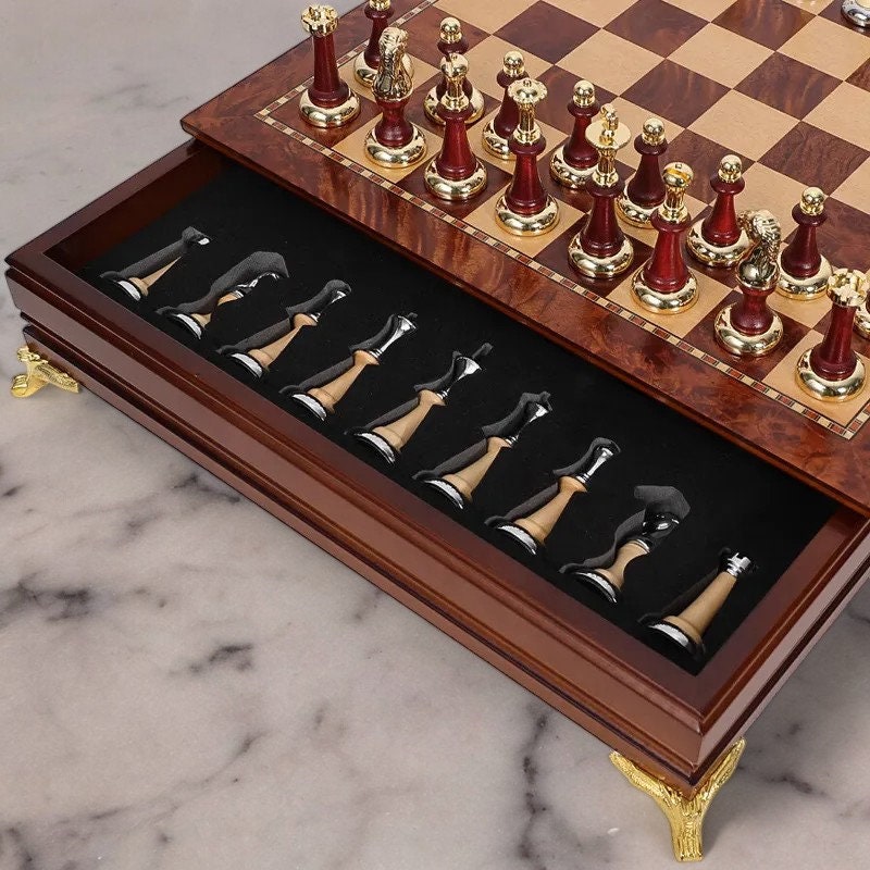 Handmade Wood Chess Board With Storage, Luxury Metal Chess Set, Elegant ...
