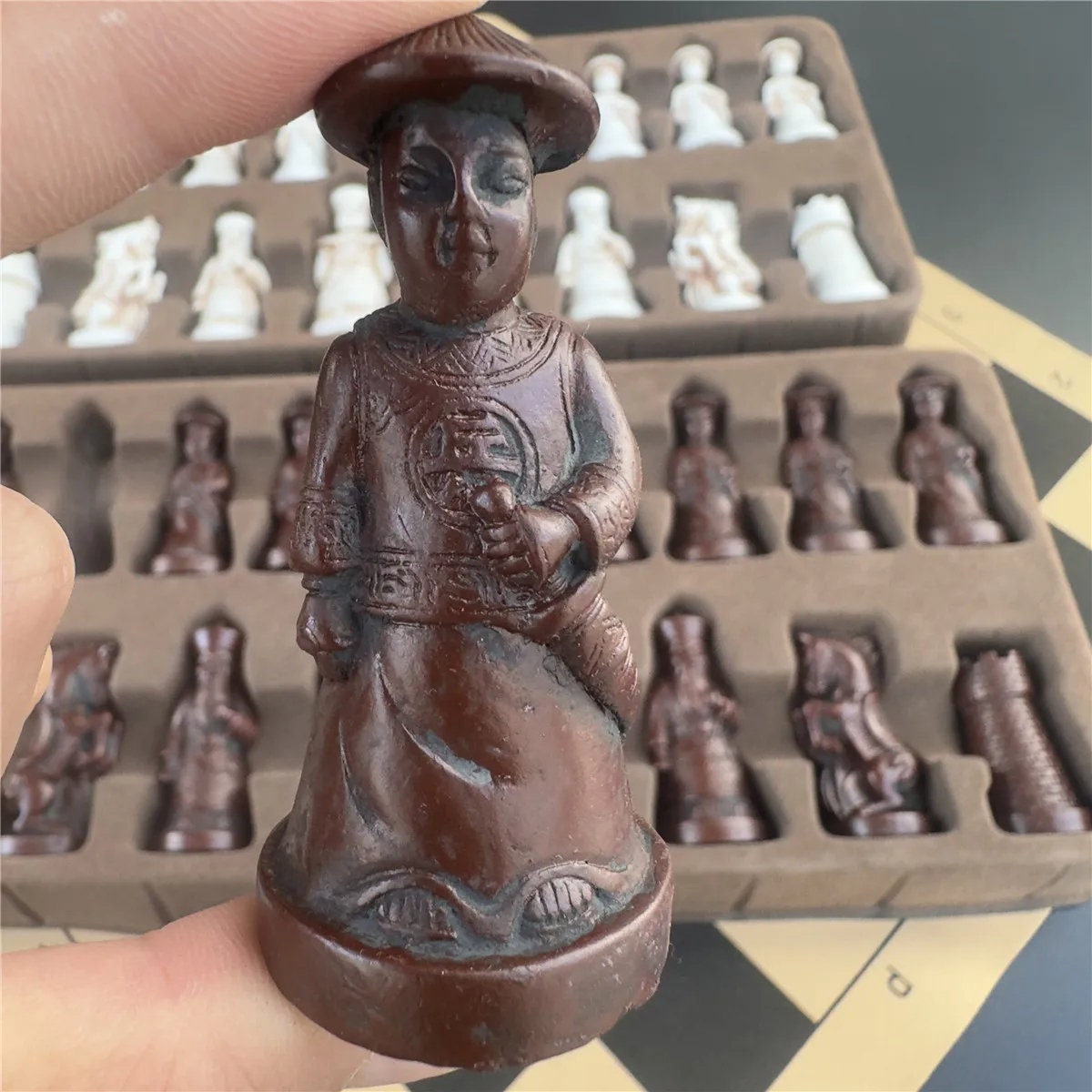Antique Large Chinese Chess Set, Qing Soldier Resin Pieces, Leather ...