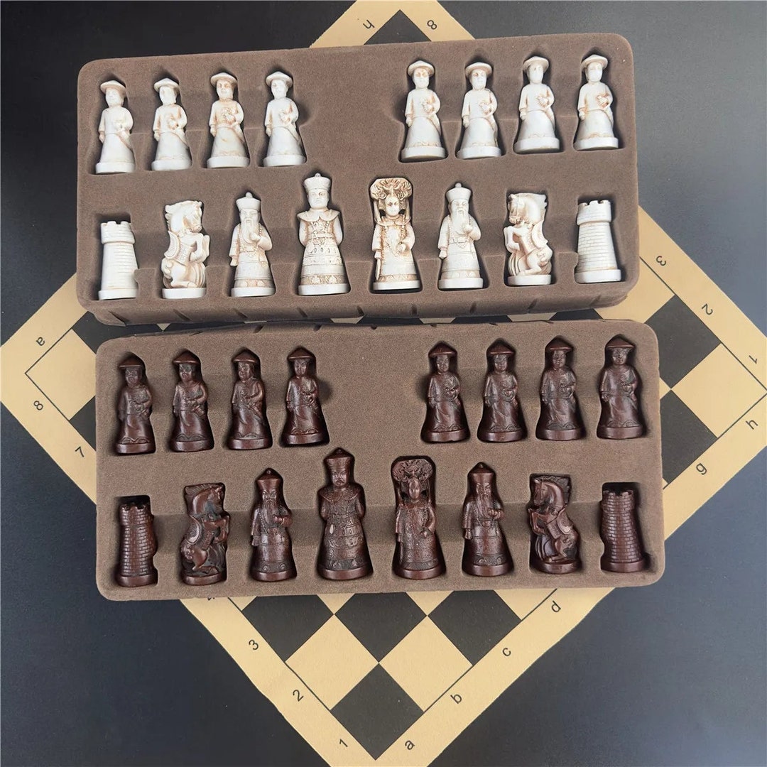 Antique Large Chinese Chess Set, Qing Soldier Resin Pieces, Leather ...