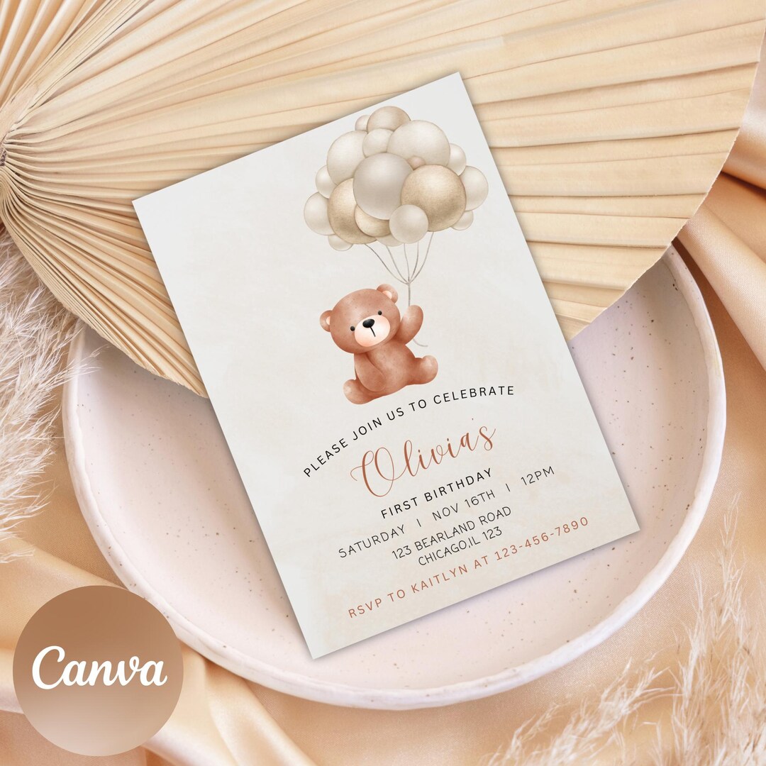 Teddy Bear Invitation, Boho Theme Invite, Editable Bear Birthday ...