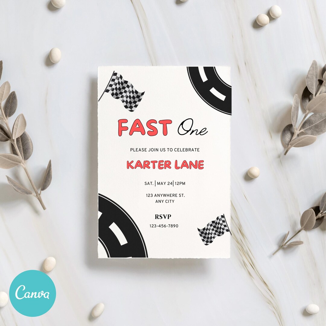 Editable Fast One Birthday Invitation, Kids Party, Cars Theme, Race ...