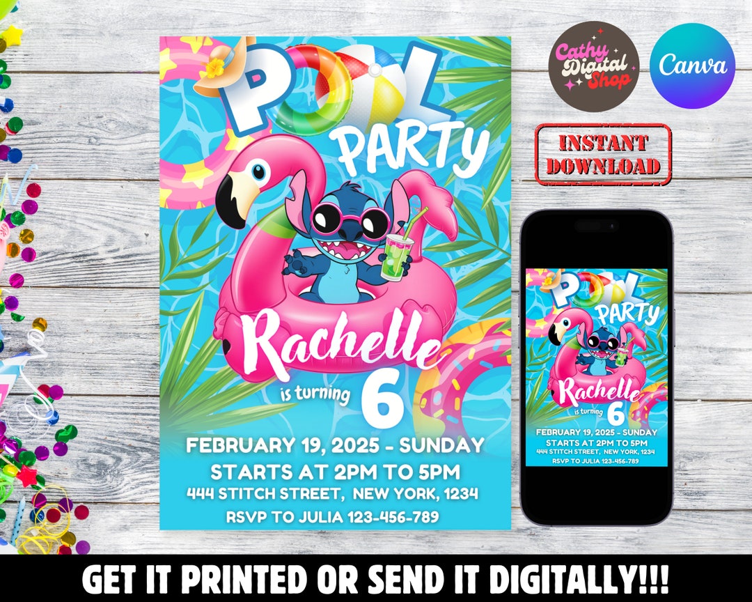 Plantilla de invitación de cumpleaños editable de Stitch, invitación de ...
