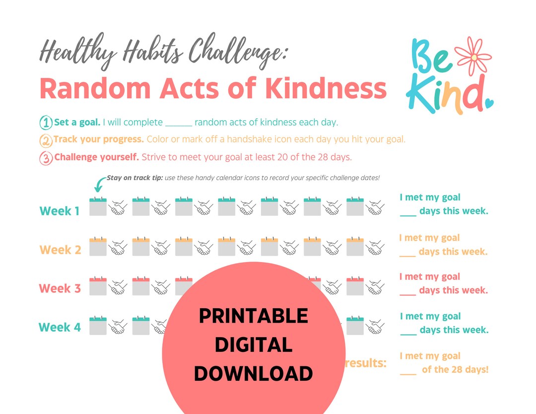Random Acts of Kindness - 28 Day Healthy Habits Personal Tracking Form ...