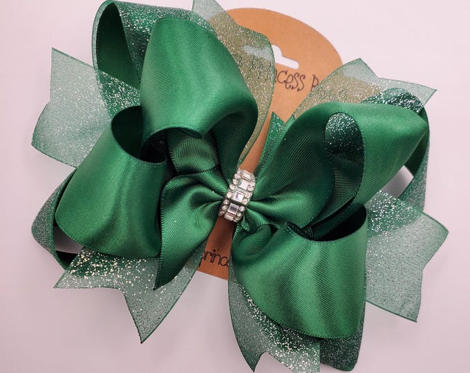 LARGE Forest Green Satin & Glitter Organza Hair Bow With Rhinestone ...