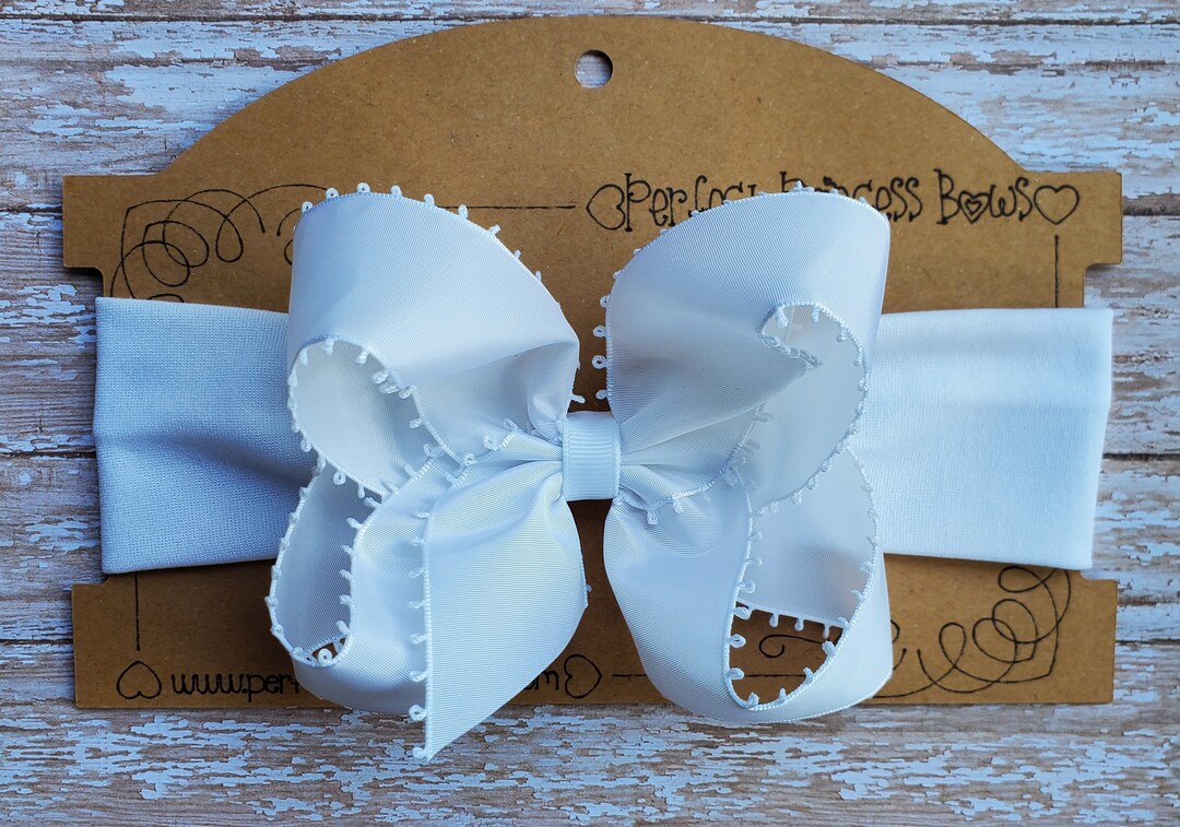 Medium 4 Inch White Picot Taffeta Ribbon Hair Bow on Stretchy Lycra Soft Fabric Headband - Etsy