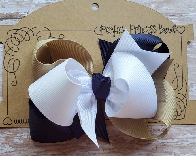 Large Boutique 5 Inch Triple Loop Hair Bow in Navy Blue, Khaki, and ...