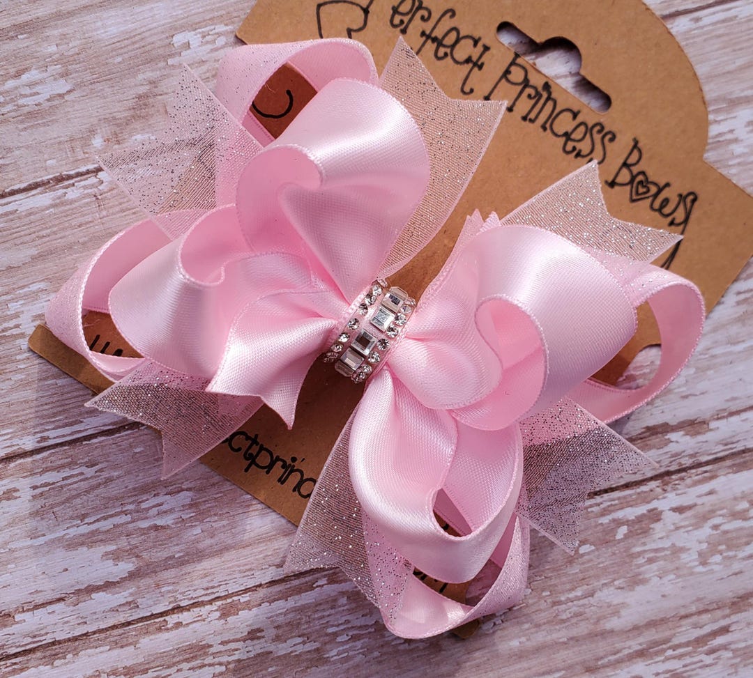 Light Pink Satin & Glitter Organza Hair Bow With Rhinestone Center Med ...