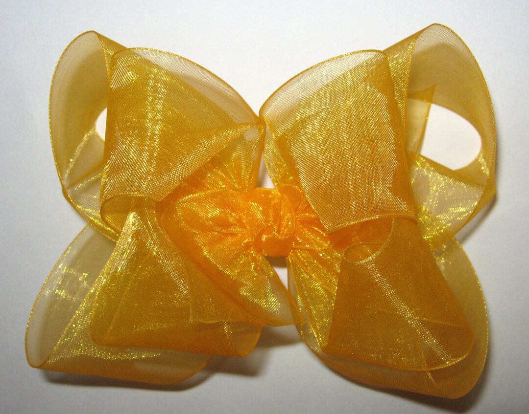 Large Double Layer Boutique Loopy Style Organza Hair Bow in Yellow Gold ...