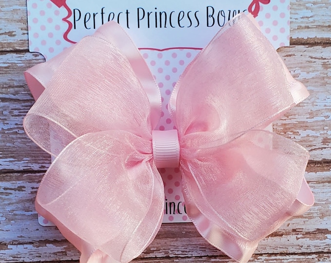 Light Pink Satin & Glitter Organza Hair Bow With Rhinestone Center ...