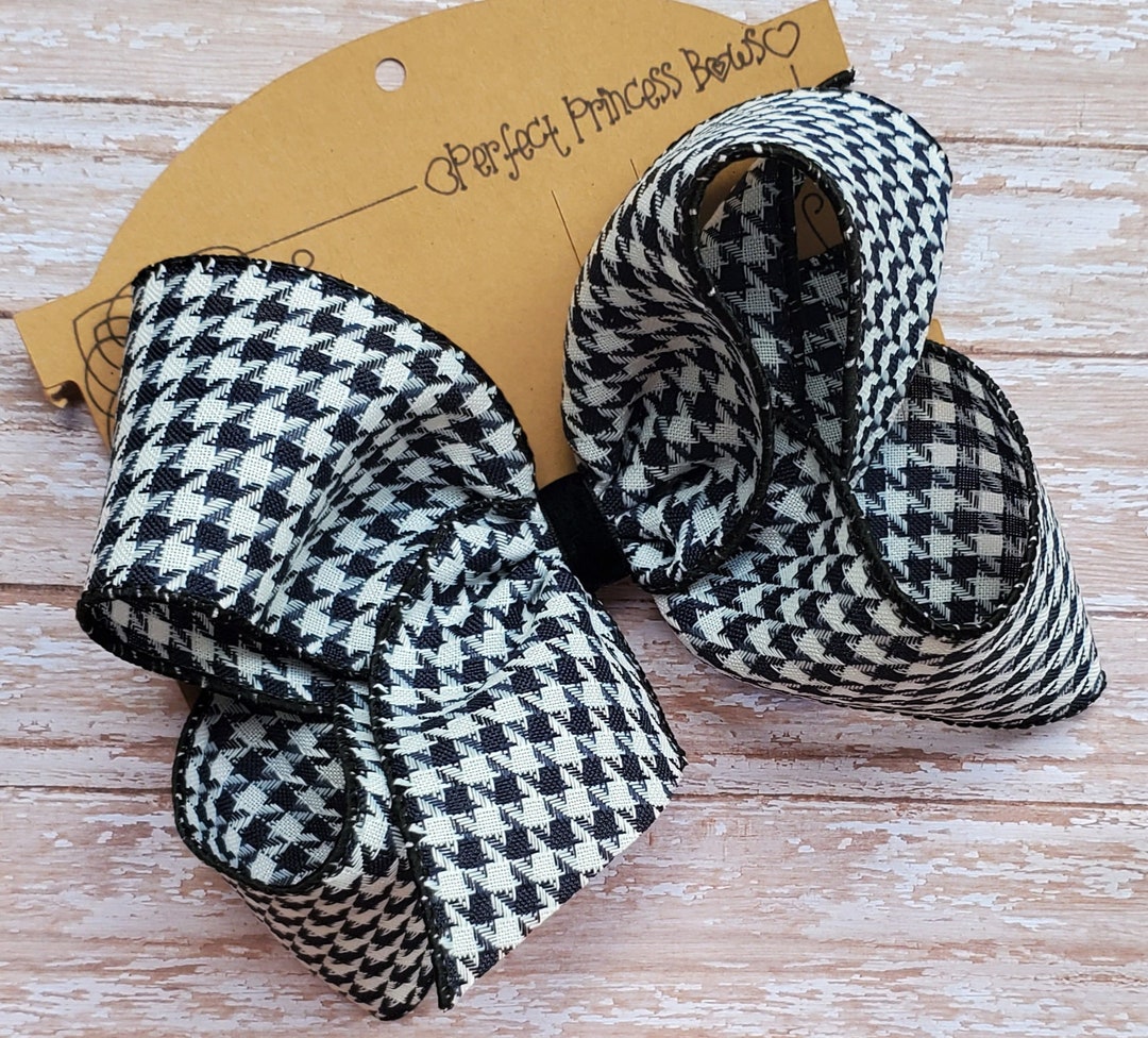 Large 6 Inch Black & White Houndstooth Fabric Ribbon Hair Bow - Etsy