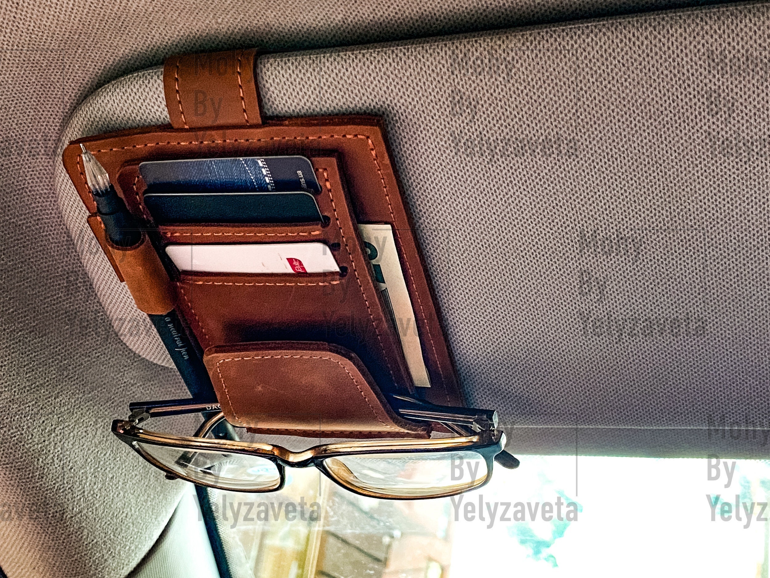 Leather Car Visor Organizer, Car Document Holder, Car Sun Visor ...