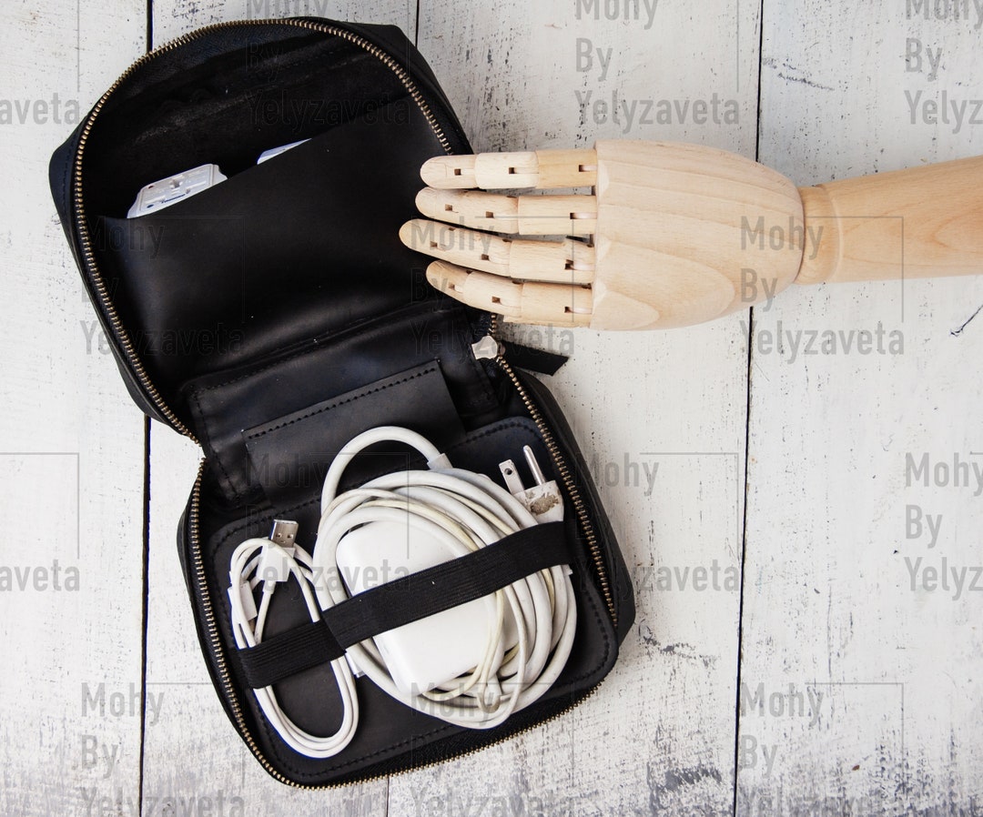 Monogrammed Leather Cable Case, Personalized Cord Organizer, Charger ...