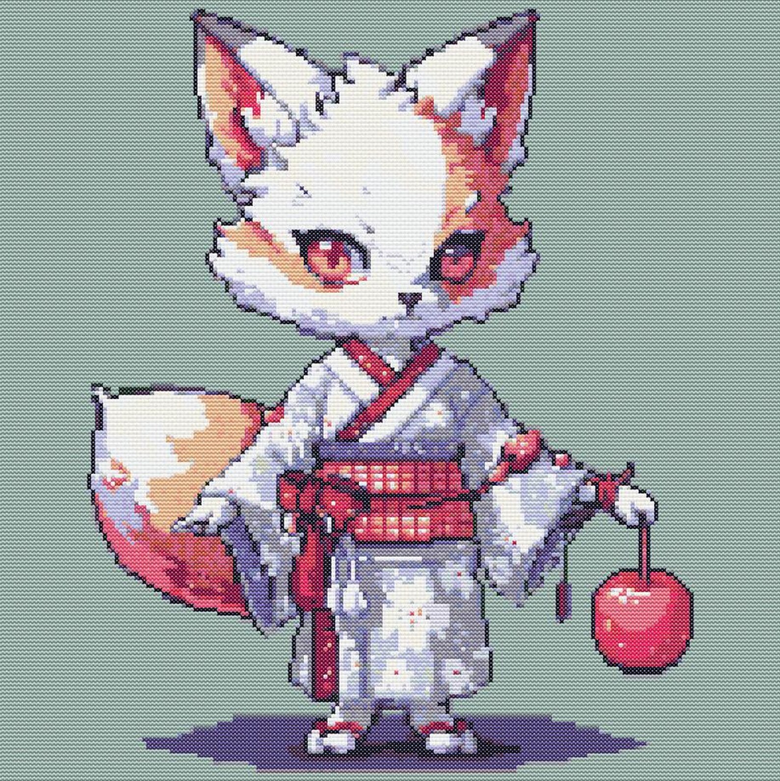 Kitsune Cross Stitch Pattern | Fox in Yukata With Candy Apple ...