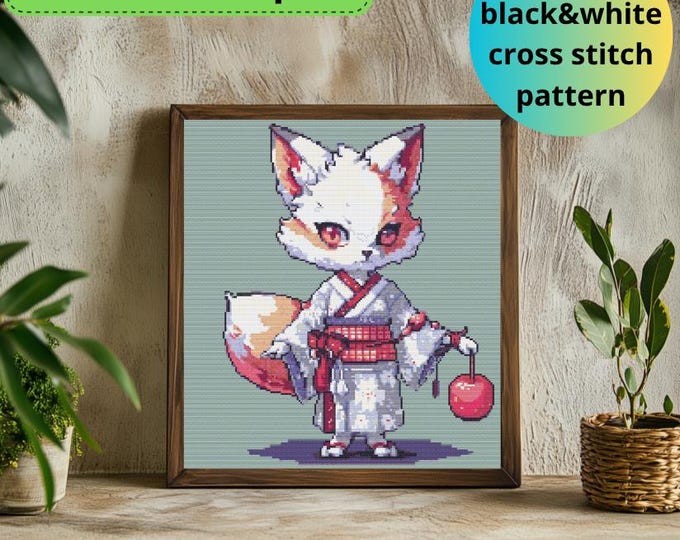 Kitsune Cross Stitch Pattern | Fox in Yukata With Candy Apple ...